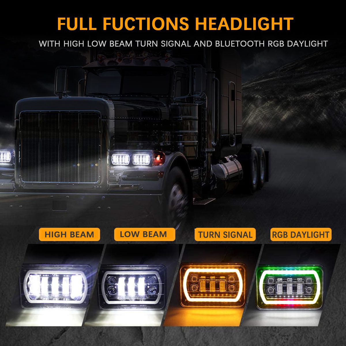 1Pair RGB 4×6 Led Halo Headlights Sealed Beam Headlamp Replacement for ...